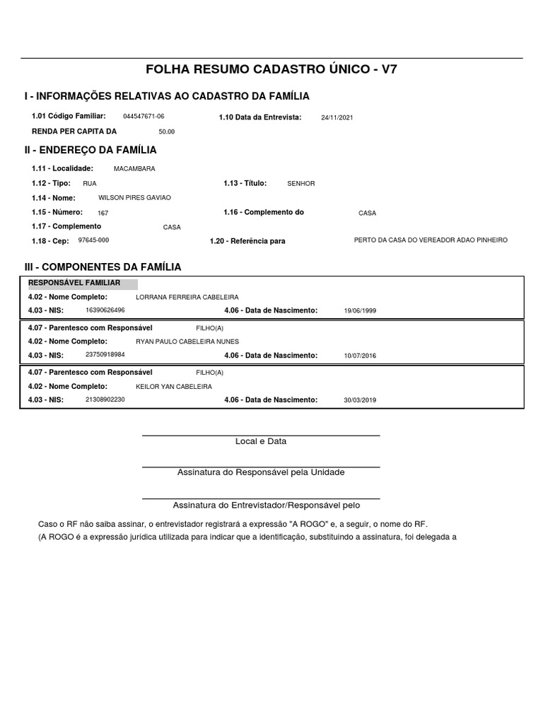 Resumo Cadastro Único com Renda e Endereço | PDF