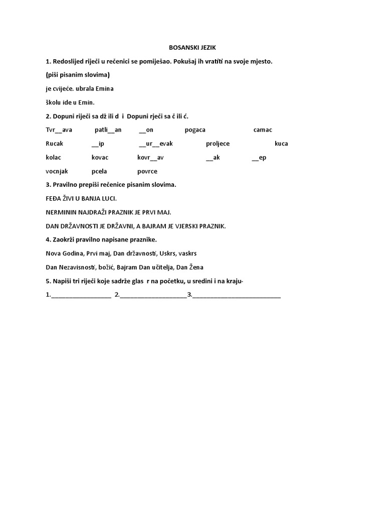 BOSANSKI JEZIK Test 2. Razred | PDF