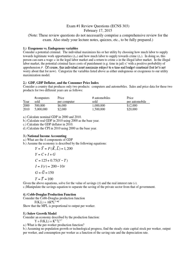 Exam1 Review Questions | PDF | Production Function | Economic Growth