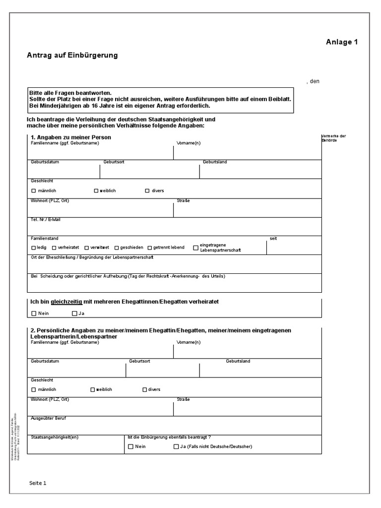 Anlage 1 Antrag Auf Einbürgerung: Seite 1 | PDF