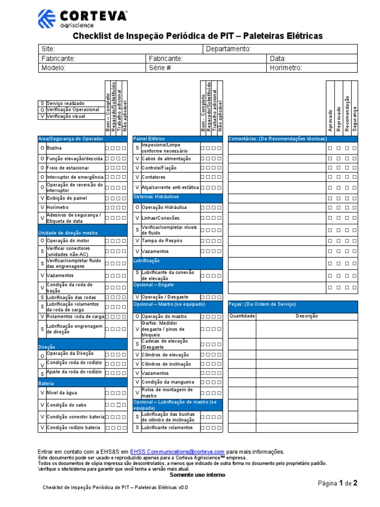 Checklist de Inspeção Periódica de PIT - Paleteiras Elétricas | PDF ...