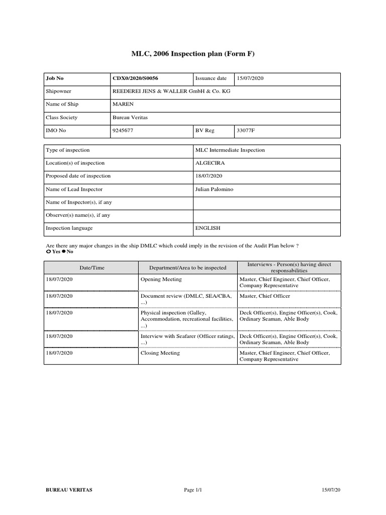 MLC Inspection Plan Ejemplo Julian Intermedia | PDF | Sailor | Navigation