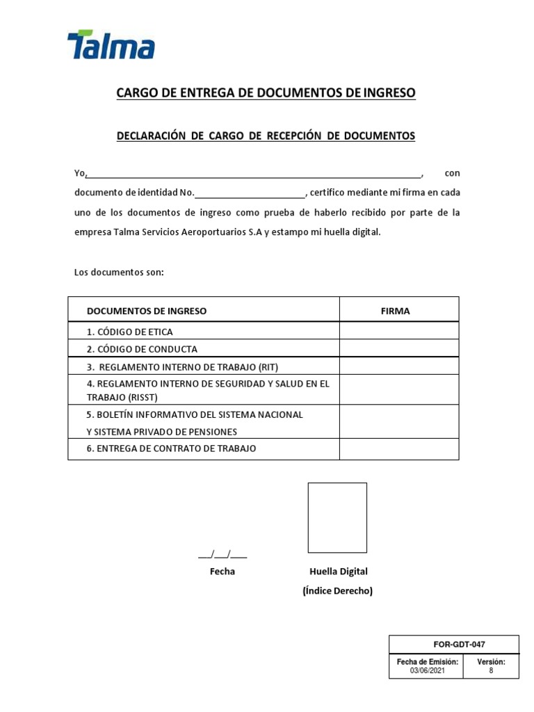 2 - Formato de Cargo de Entrega de Documentos de Ingreso | PDF | Pensión
