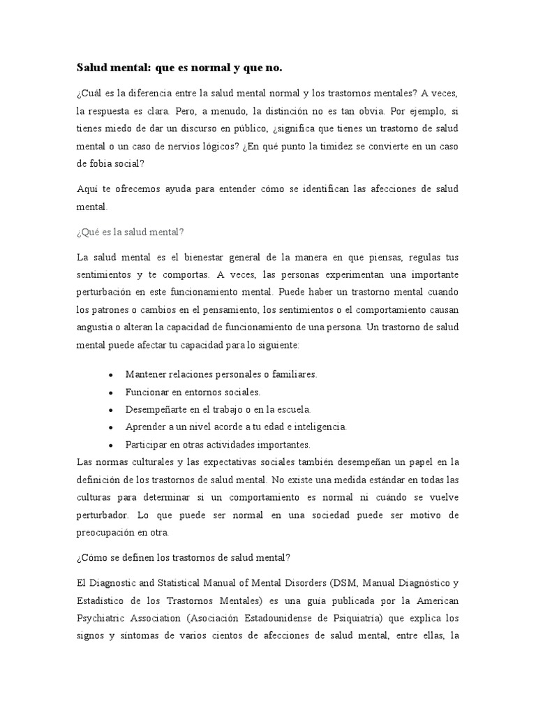 Salud Mental Que Es Normal | PDF | Salud mental | Trastorno mental