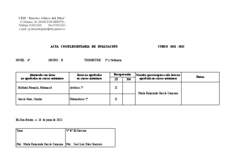 6ÂºB Acta Complementaria de Evaluacion | PDF