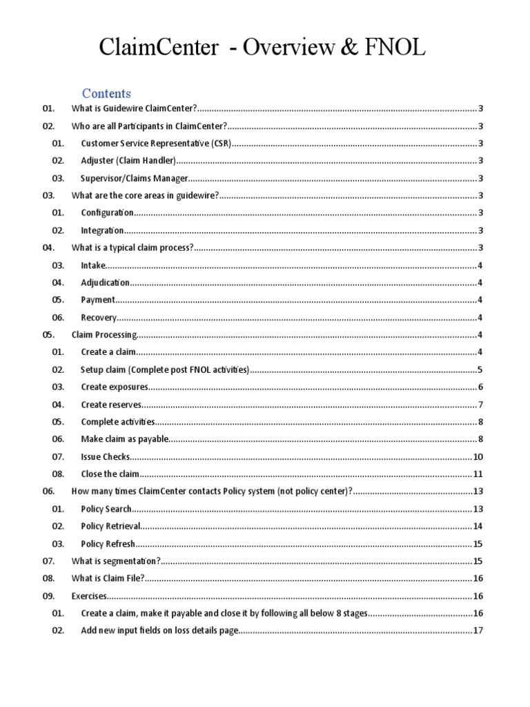 Guidewire ClaimCenter overview and FNOL process | PDF | Exposure ...