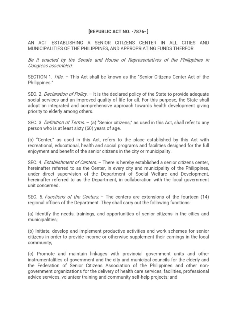Ra 7876 - Senior Citizens Center Act of The PH | PDF | Welfare | Old Age