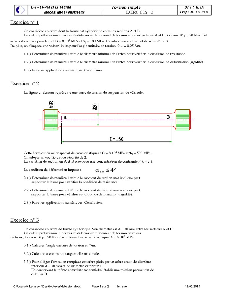 Exos2 Torsion | PDF | Mécanique newtonienne | Physique appliquée et ...