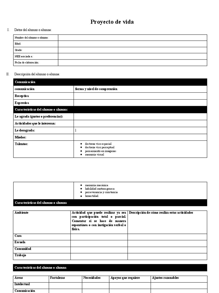 Formato Proyecto de Vida | PDF | Discapacidad intelectual | Comunicación