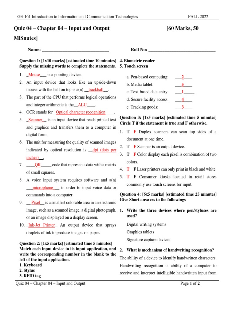 Solution Class Quiz 04 - Chapter 04 - Input and Output | PDF | Image Scanner | Radio Frequency ...