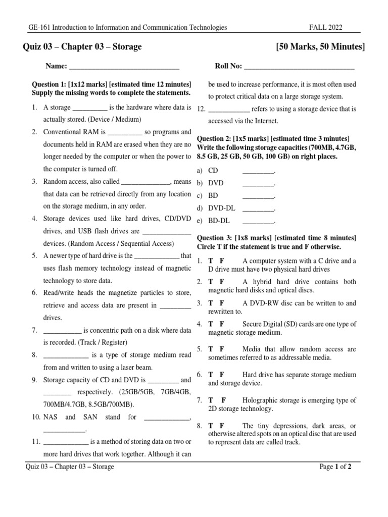Class Quiz 03 Chapter 03 Storage Pdf Computer Data Storage Hard Disk Drive