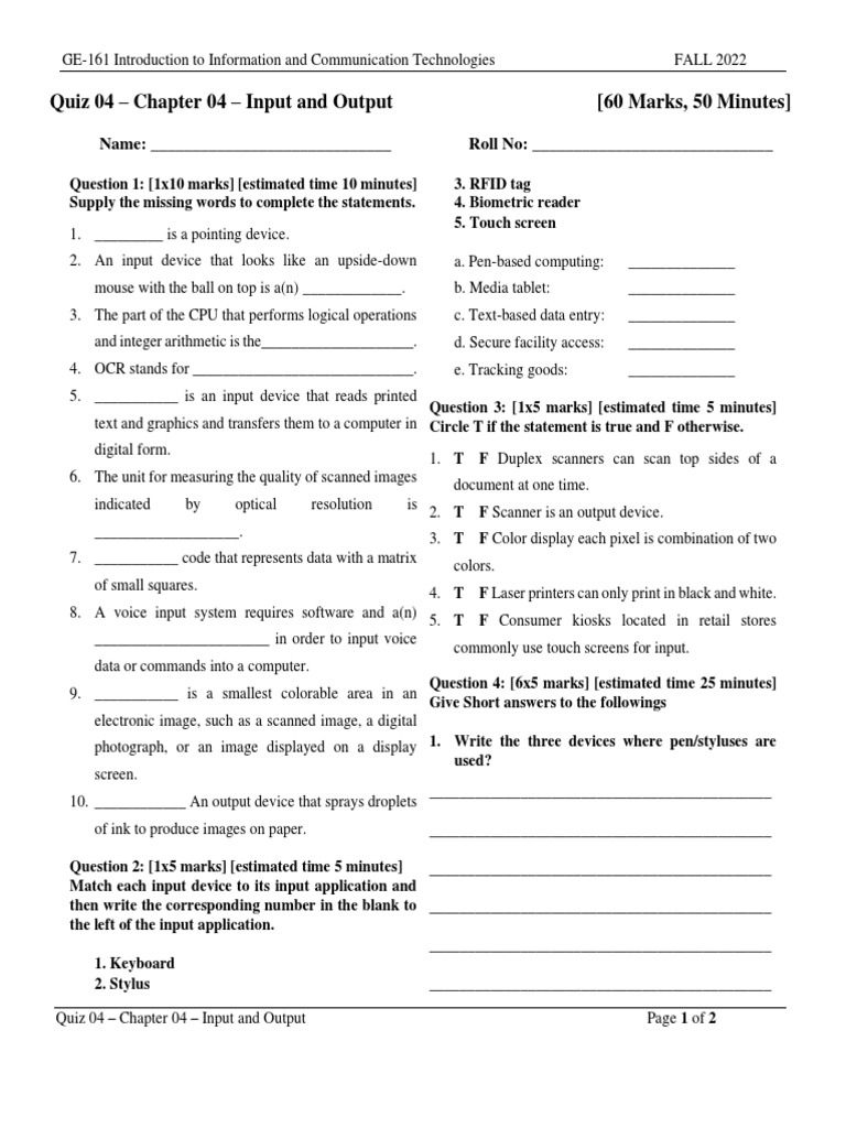 Class Quiz 04 - Chapter 04 - Input and Output | PDF | Image Scanner | Input/Output