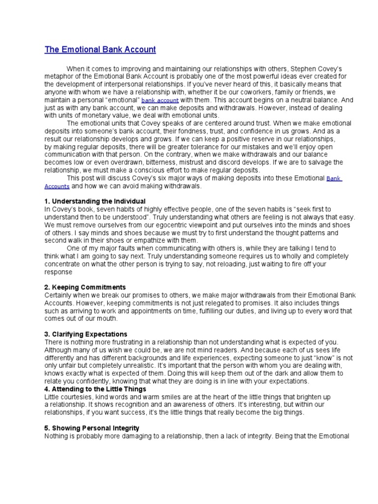 The Emotional Bank Account | PDF | Integrity | Parenting