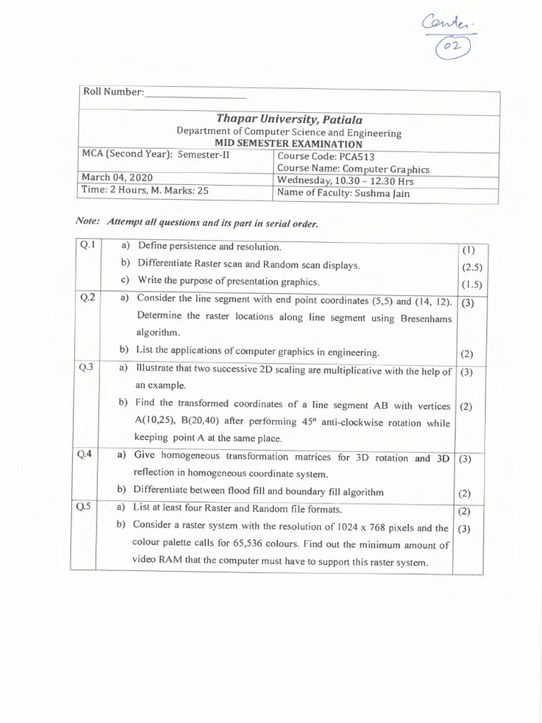 Mid-Semester Examination for Computer Graphics Course at Thapar ...
