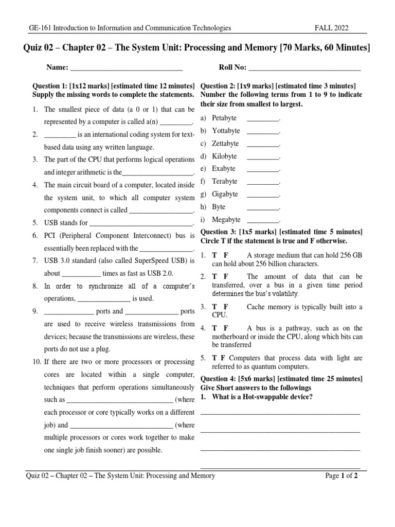 Quiz on System Unit: Processing & Memory | PDF | Byte | Central Processing Unit