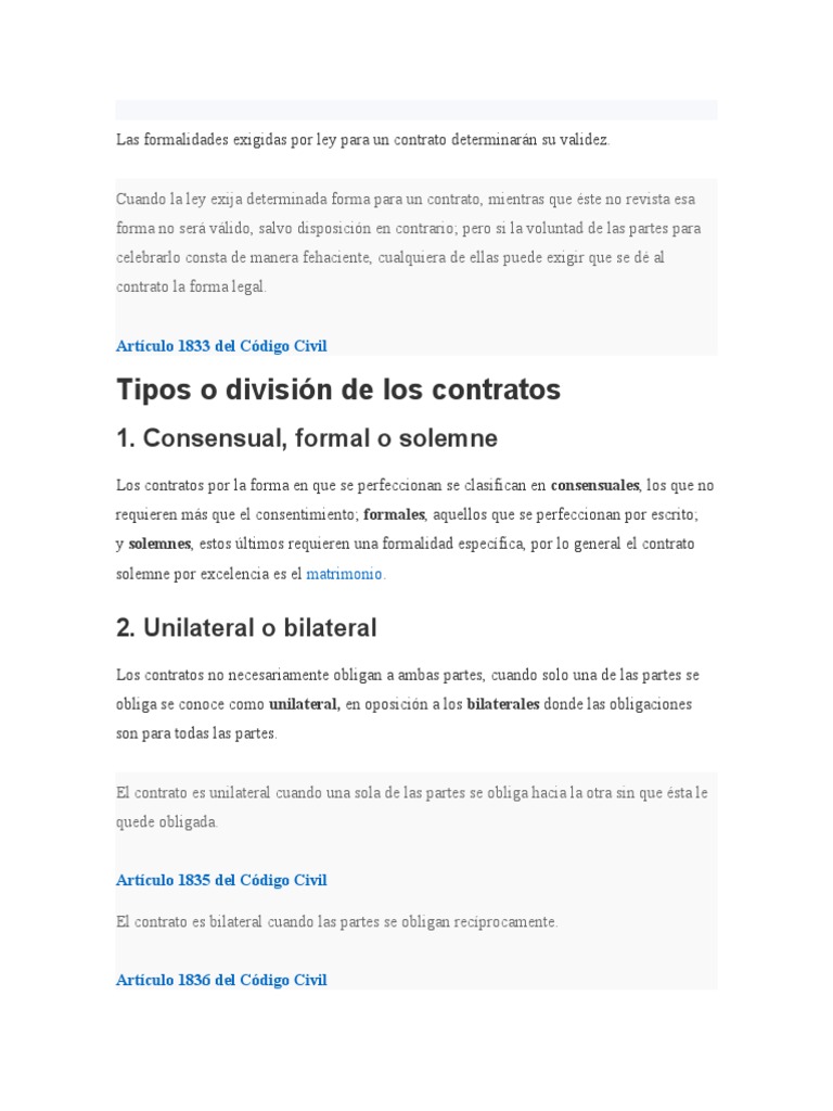 Tipos o División de Los Contratos: 1. Consensual, Formal o Solemne ...