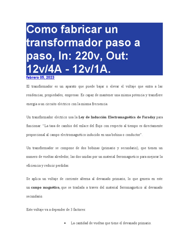 Como Fabricar Un Transformador Paso A Paso | PDF | Transformador | Inductor