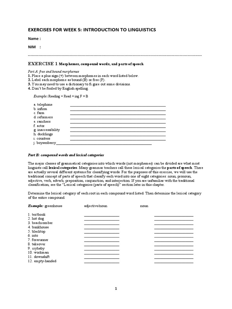 Exercises For Week 5 | PDF | Part Of Speech | Morphology (Linguistics)