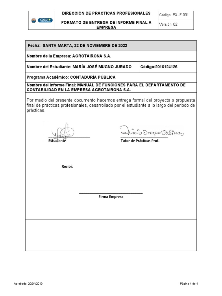 EX-F31 Formato de Entrega de Informe A La Empresa | PDF