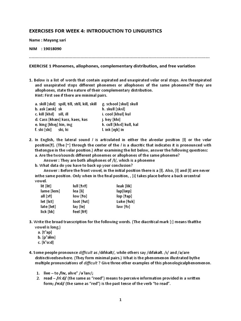 EXERCISES FOR WEEK 4 Linguistic Mayang Sari | PDF | Phoneme | Oral ...