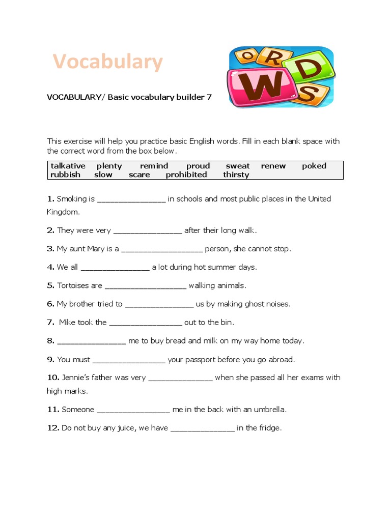 Basic English vocabulary practice worksheet | PDF