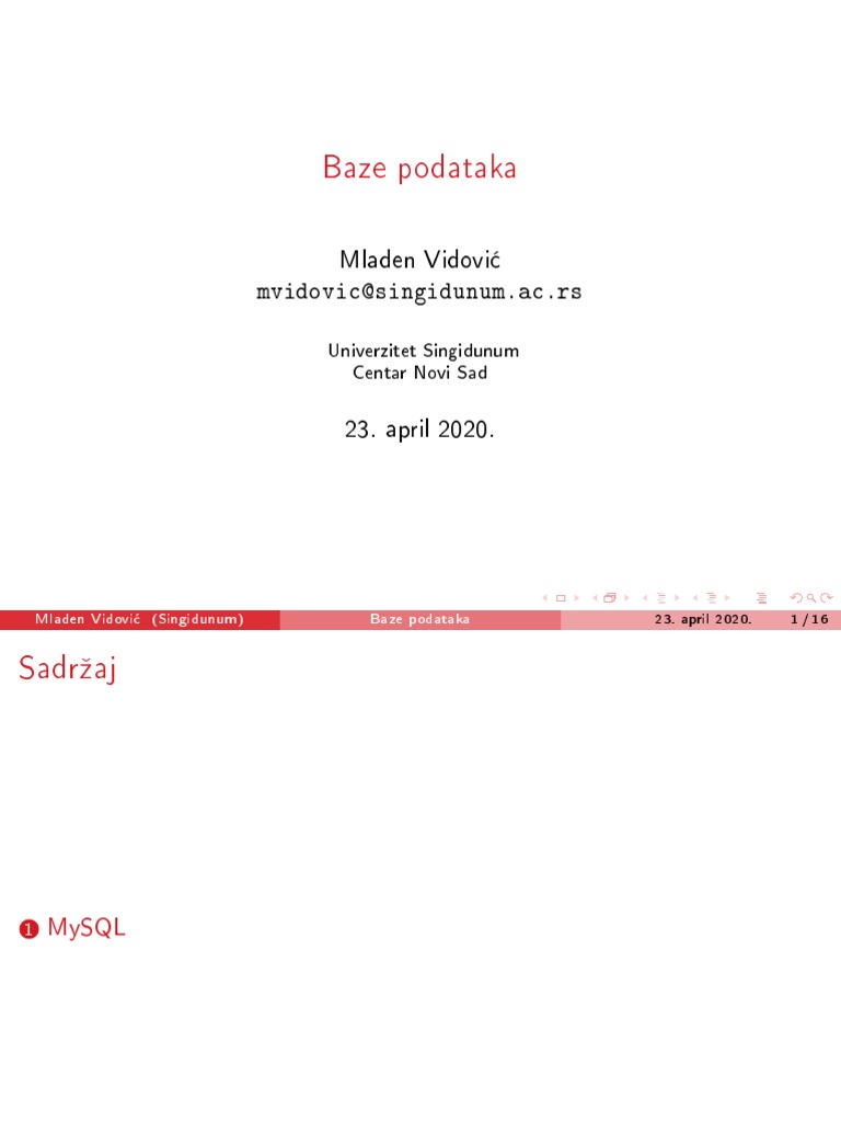 Baze Podataka: Mladen Vidovi Mvidovic@singidunum - Ac.rs | PDF