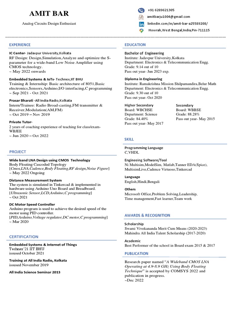 Amit Bar Analog Resume Updated JAN2023 | PDF | Electronics | Electronic Engineering