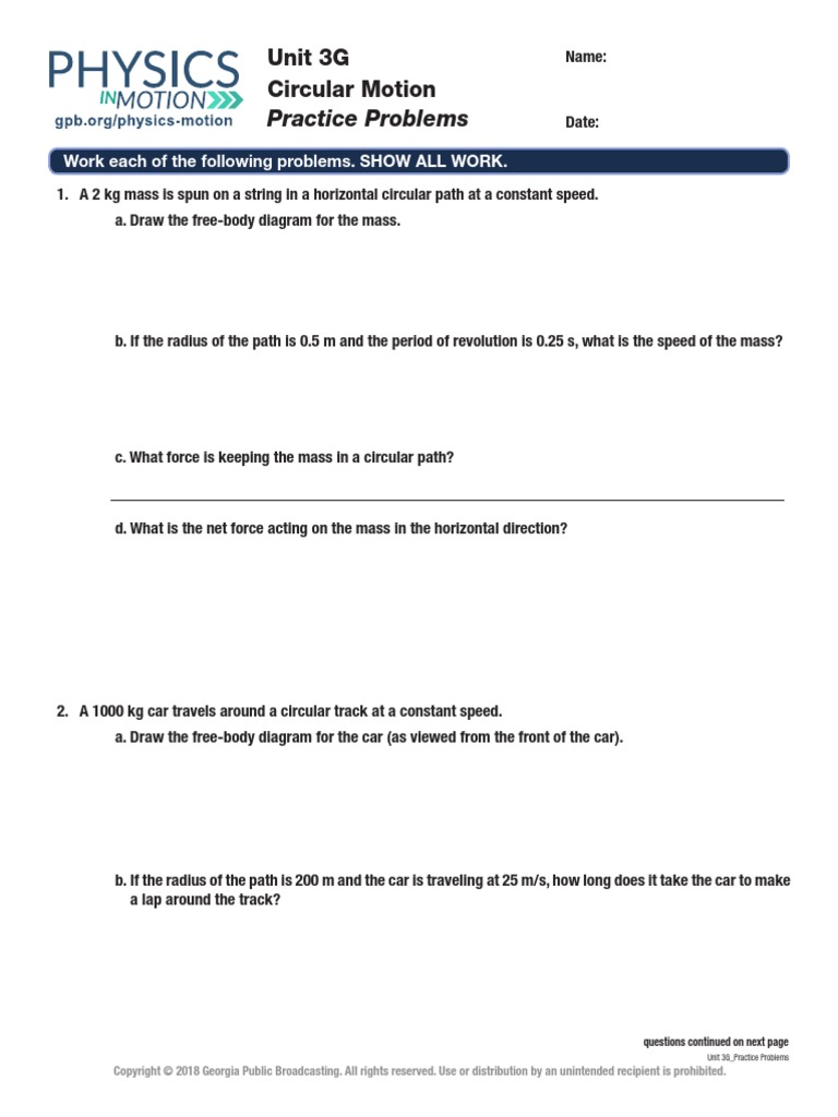 Unit - 3g - Circular Motion - Centripetal Force Practice - Problems - 0 - Removed-1 | PDF ...