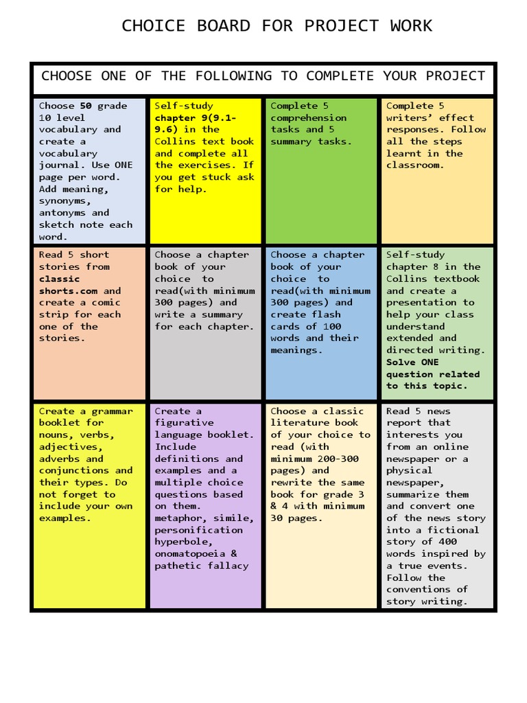 Choice Board For Project Work | PDF | Word | Cognition