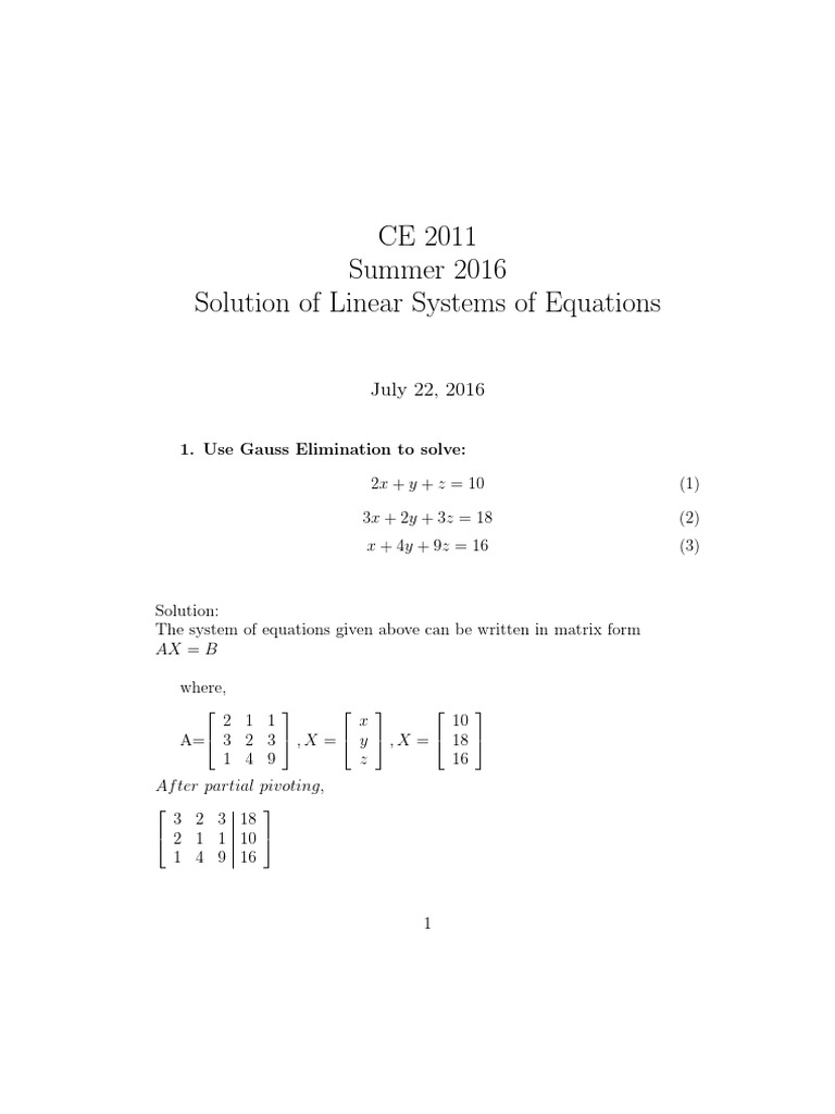 CE 2011 Summer Solutions Linear Systems | PDF | Applied Mathematics | Mathematical Concepts