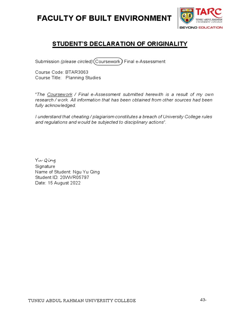 05 Student Self-Declaration | PDF | Plagiarism | Psychological Testing