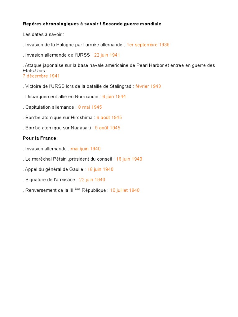 Seconde Guerre Mondiale Repères Chronologiques Évaluation | PDF