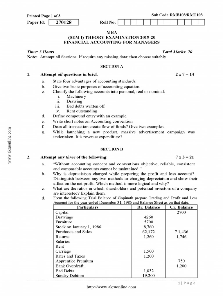 Mba 1 Sem Financial Accounting For Managers Rmb103 2020 | PDF