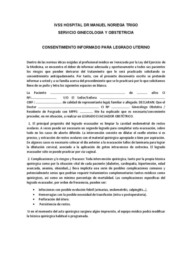 Consentimiento Informado Legrado | PDF | Partería | Anestesia