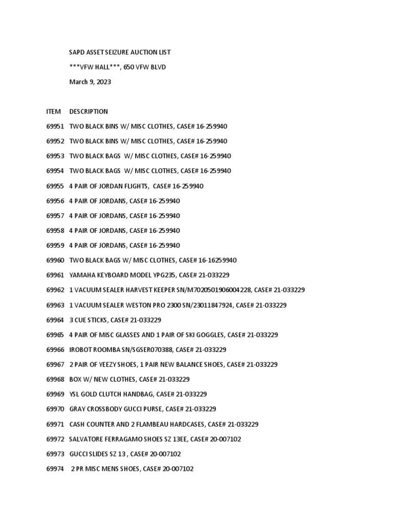 SAPD Asset Seizure Auction List | PDF | Manufactured Goods | Equipment