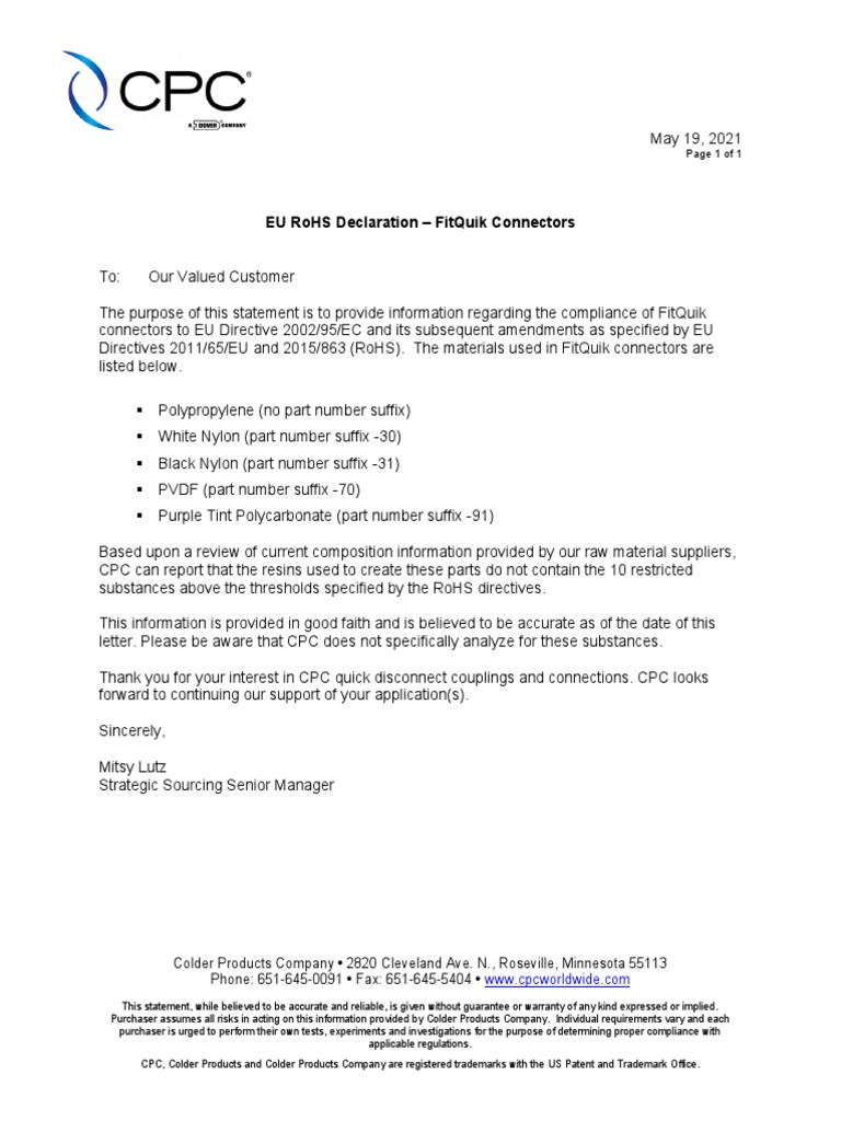RoHS - CPC FitQuik Products | PDF | Business