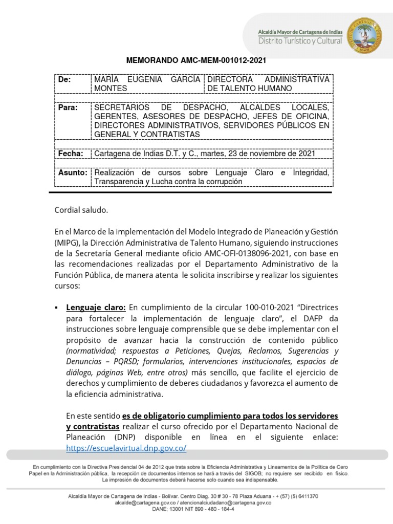 Memorando Amc-Mem-001012-2021 Solicitud de Curso | PDF