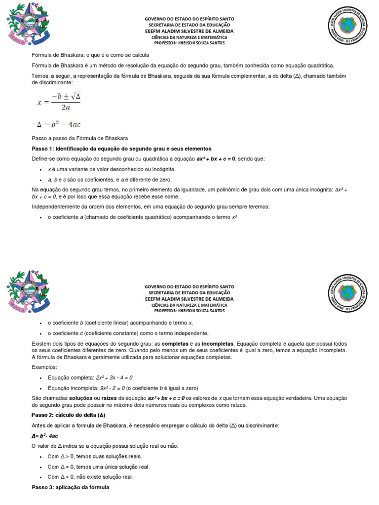 Fórmula de Bhaskara | PDF | Equação quadrática | Equações