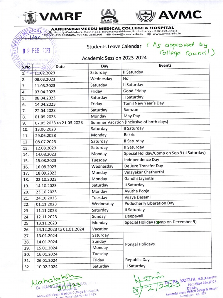 AVMC Students Leave Calendar 2023-2024 | PDF | Traditions | Observances