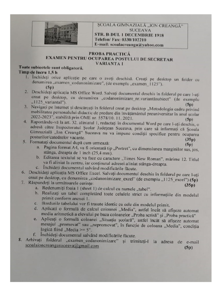 Proba Practica Concurs Post Secretar | PDF