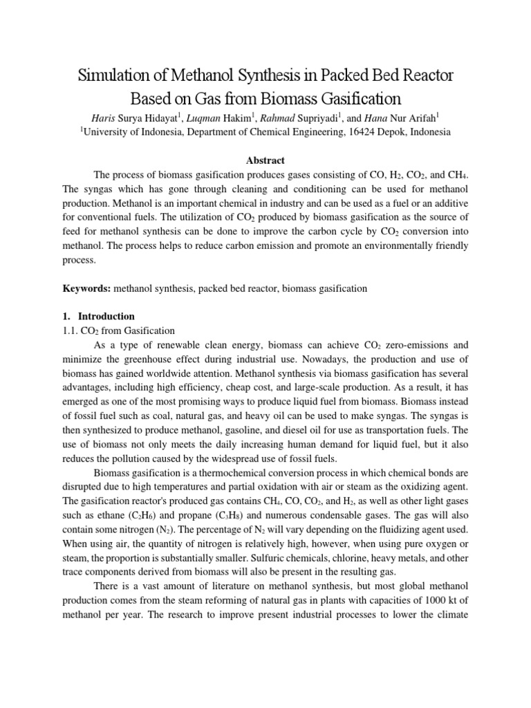 Simulation of Methanol Synthesis in Packed Bed Reactor Based On Gas From Biomass Gasification ...