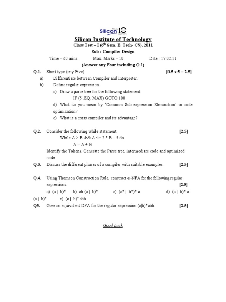 6th Sem Cs CD Ct1 11 Solution | PDF | Compiler | Parsing