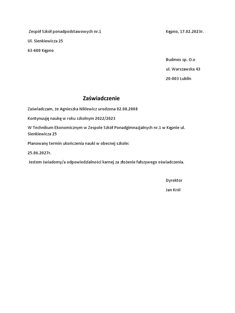 Zaświadczenie o Kontunuacje Nauki | PDF