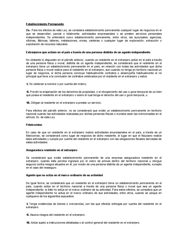 Establecimiento Permanente | PDF | Ley de fideicomiso | Economias