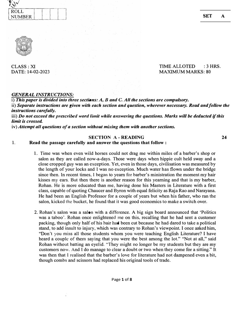 Xi Final Exam English QP | PDF