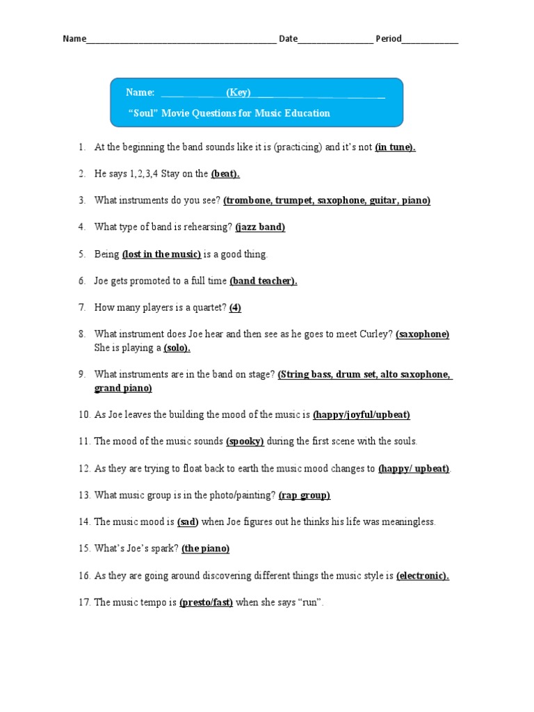 Name: (Key) "Soul" Movie Questions For Music Education | PDF | Musical ...