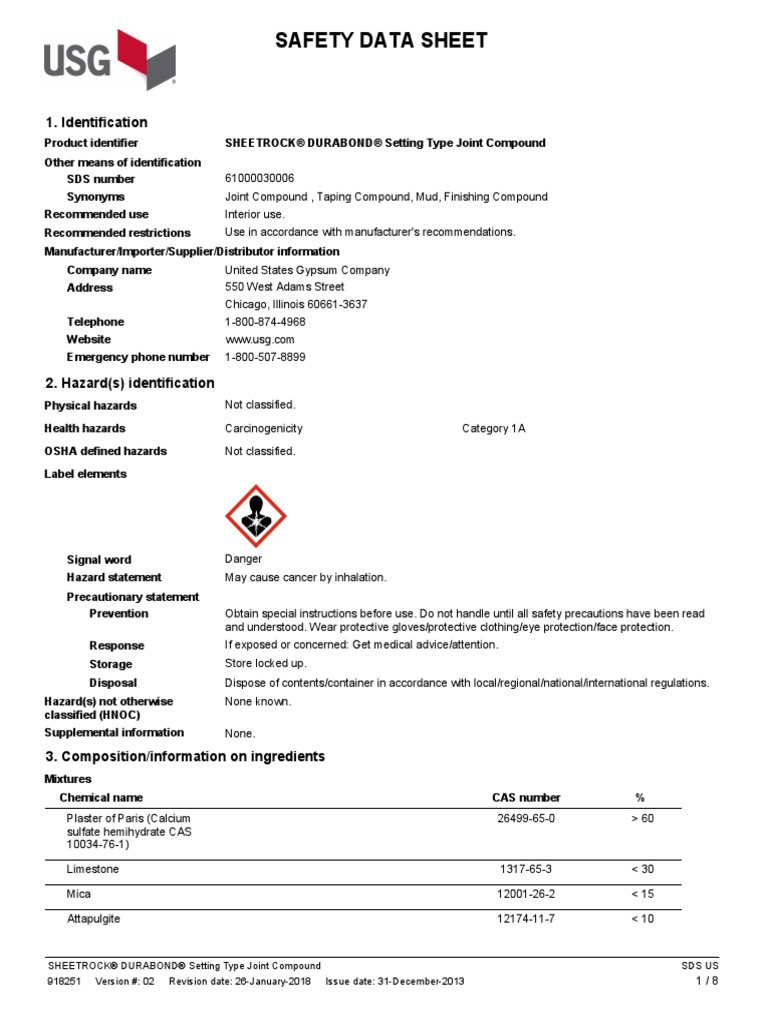 Usg Sheetrock Durabond Setting Type Joint Compounds Sds en 61000030006 ...
