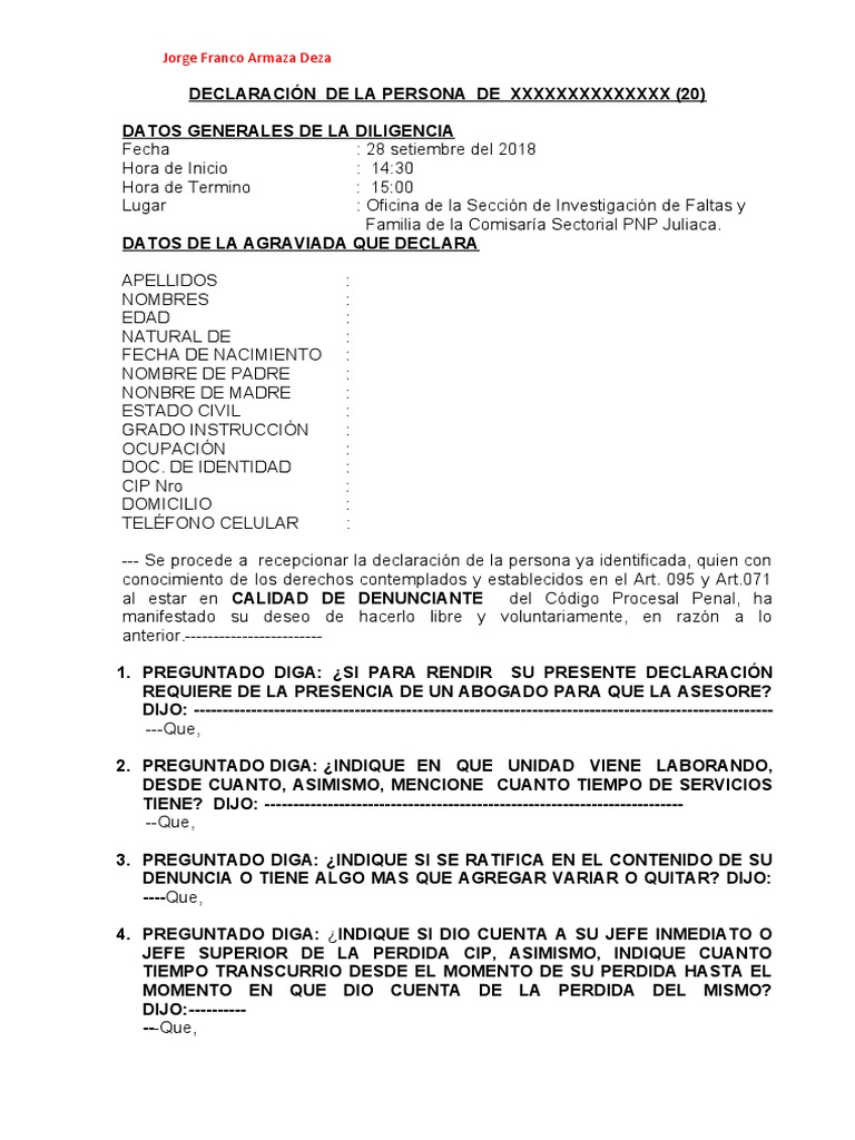 Declaracion Modelo de Perdida de CIP - Jorge Franco Armaza Deza | PDF ...