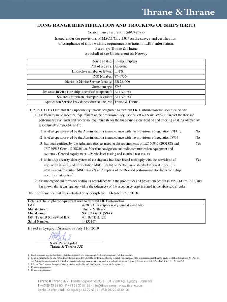 112.025 LRIT Conformance Test Report July 2019 | PDF | Shipping