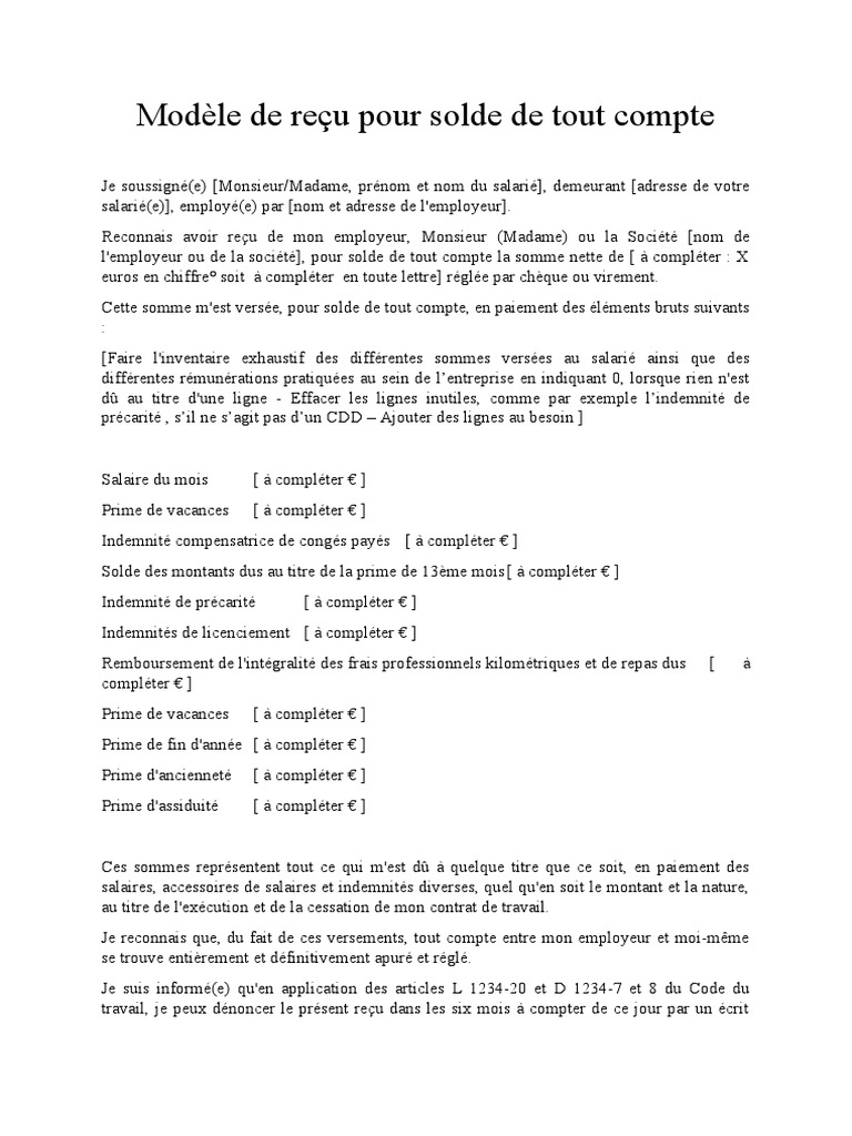 Modèle de reçu pour solde de tout compte | PDF | Salaires | Éthique des ...
